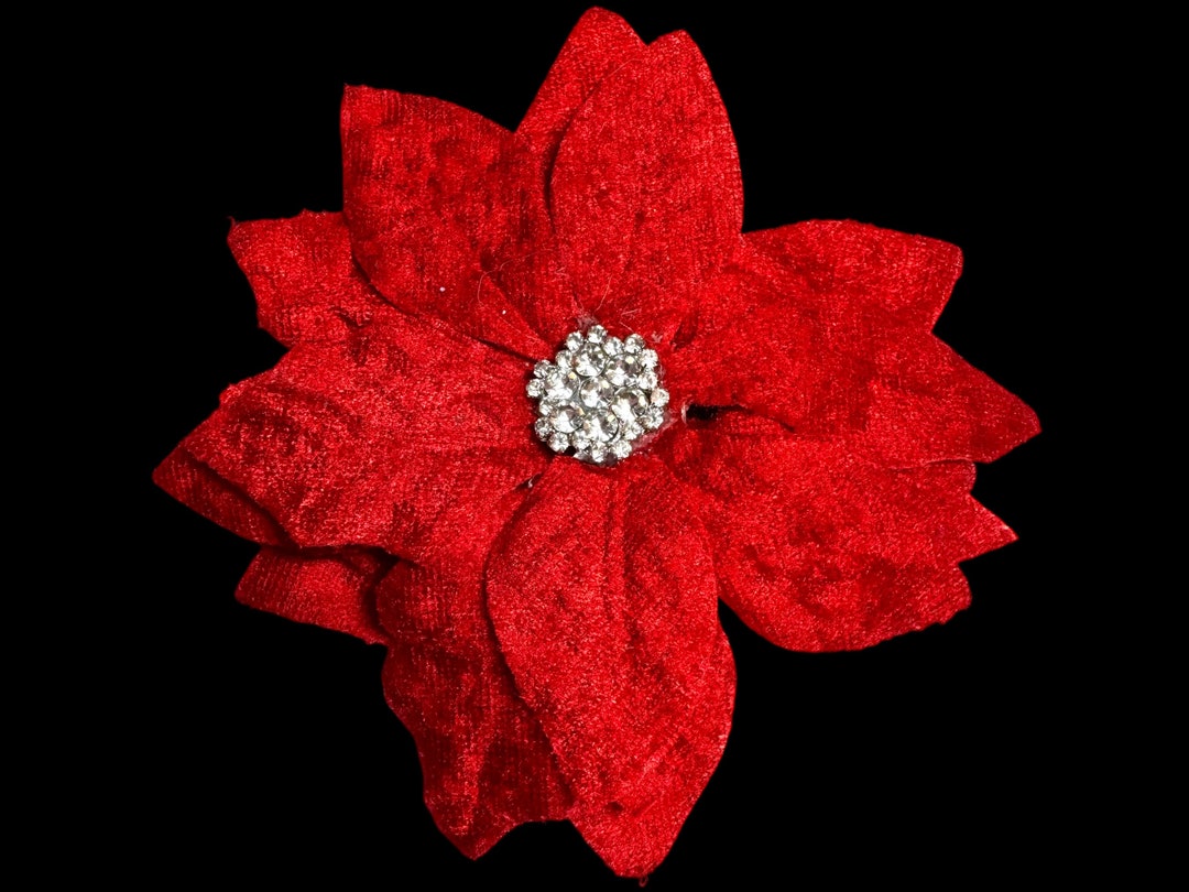 Magnetic Hold Christmas Flower Pin Flower Brooch 4.5” Red Poinsettia With Jewel Center Fabric ...