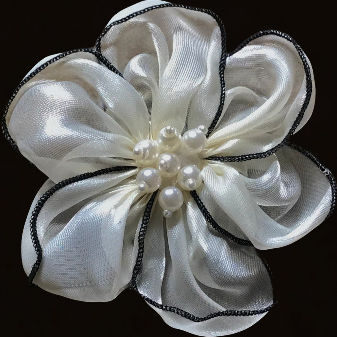 Magnetic Hold Flower Pin Small off White Silk Ribbon With Black Trim ...