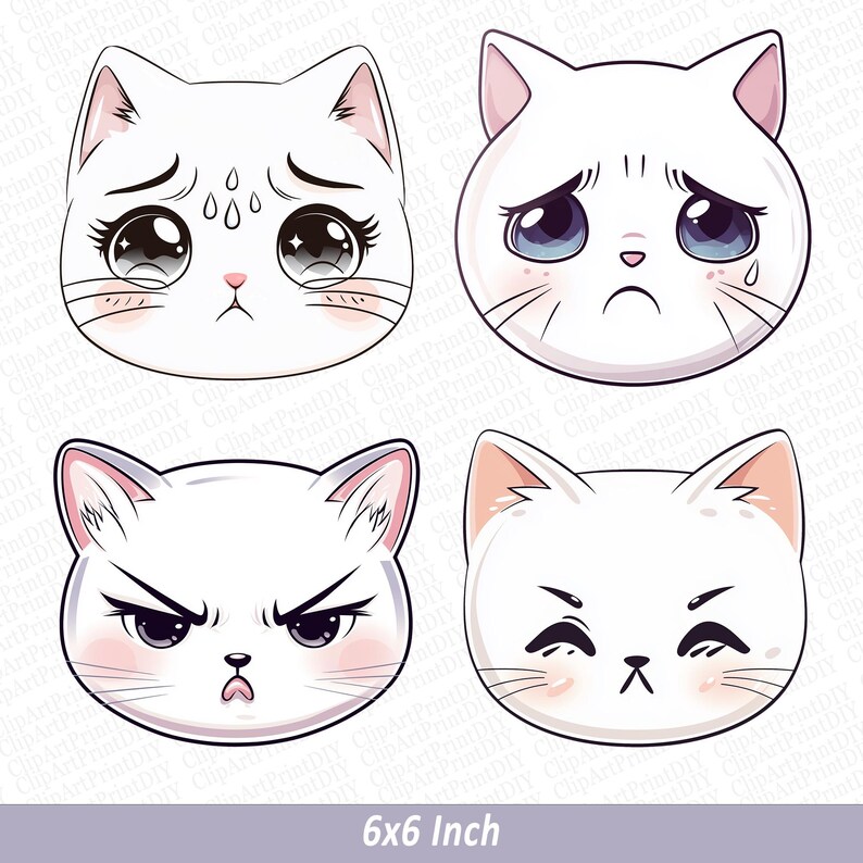 Cute Kawaii Cat Clipart Bundle 12 PNG Animal Faces Emotions, Kitty ...