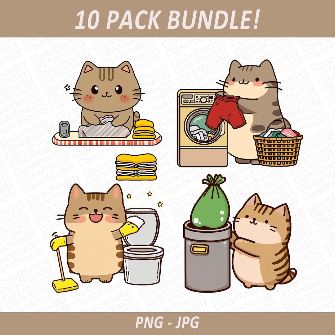Cats Cleaning Clipart Kawaii Household Chores PNG for Planner ...
