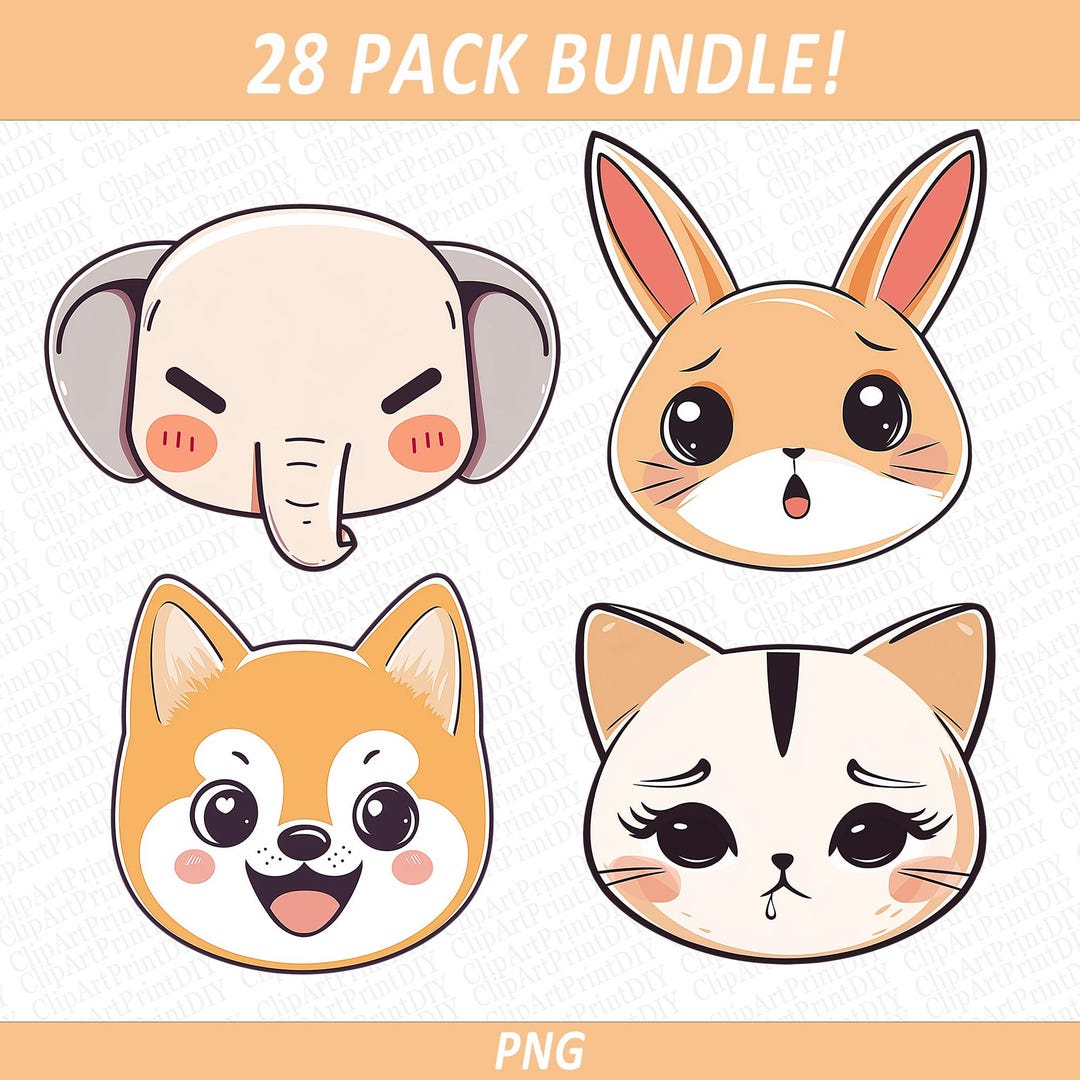 Cute Animal Faces Clipart - 28 Woodland Animals, Pets Heads & Kawaii ...
