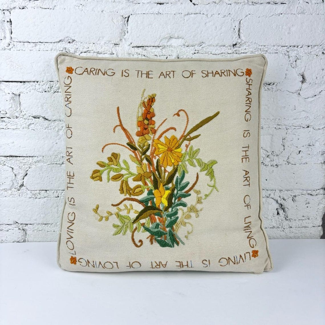 Vintage Embroidered Crewl Caring is the Art of Sharing Pillow - Etsy