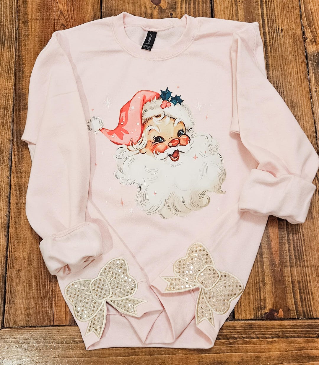 Pink Santa Sweatshirt With Side Bows, Retro Santa, Applique Side Bows ...