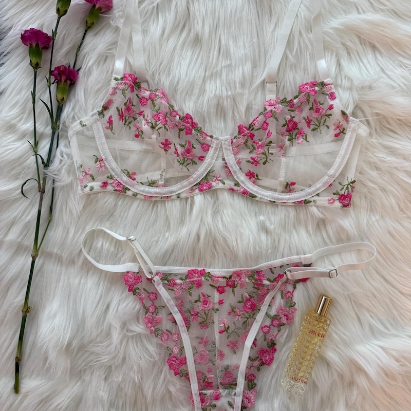 Red and White Floral Lingerie Set - Etsy