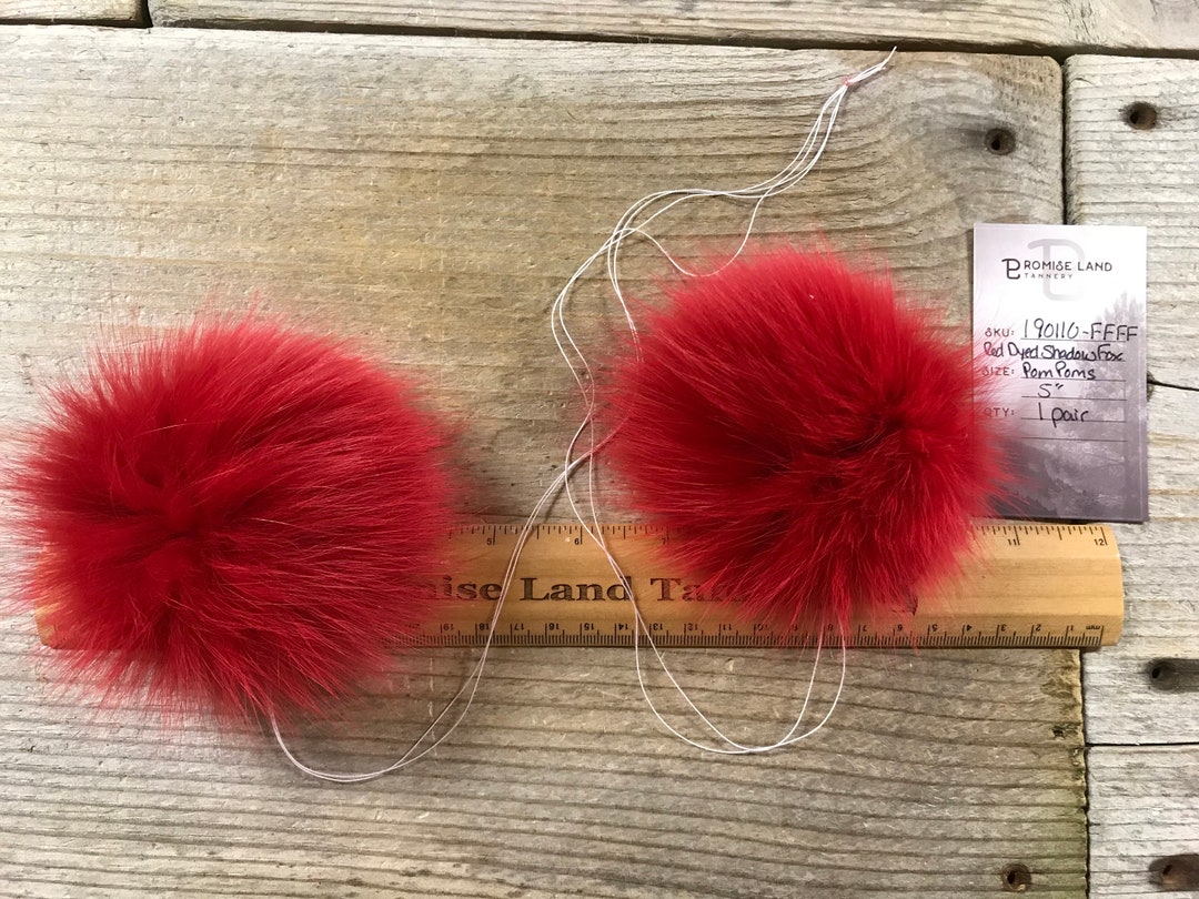 Real Fox Fur Pom Pom - Pair of 5 Inch Dyed Red Poms - Handmade - Lot No ...