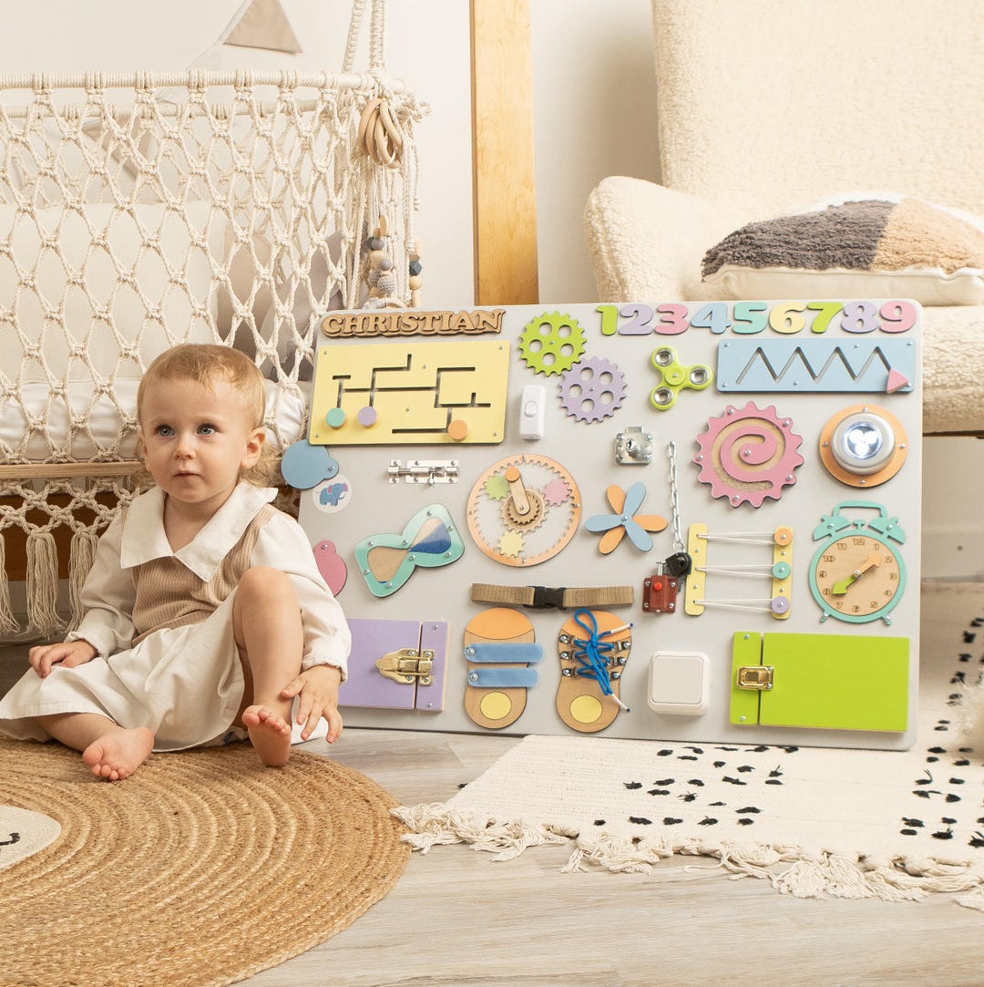 Busy Board Montessori Toy, Wooden Sensory Board for Toddlers and Babies ...