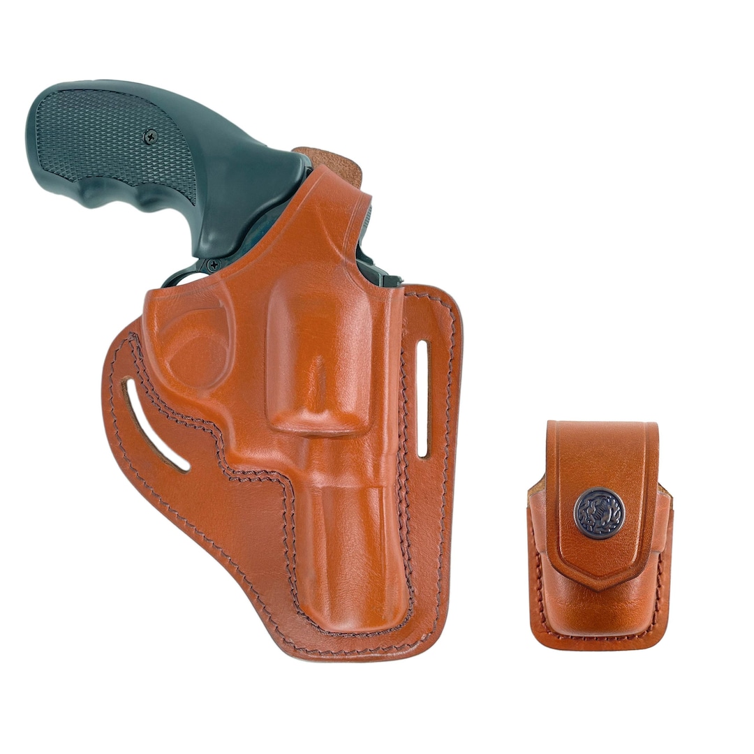 2 Slot Pancake Leather Holster Thumb Break RH and Speedloader Case Fits ...