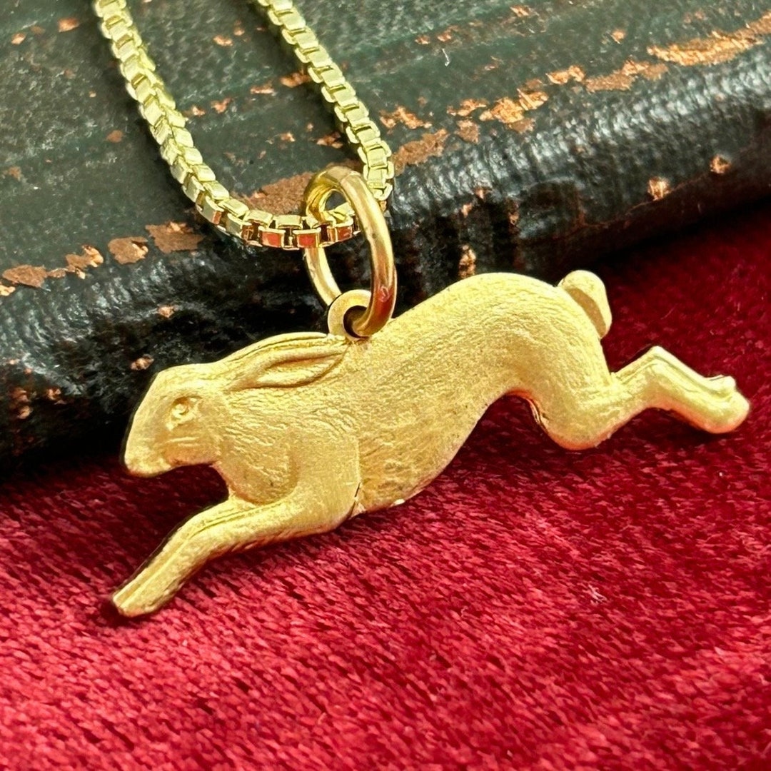 Rabbit Charm Necklace, Running Rabbit Charm, Brass Charm, Vintage Charm ...