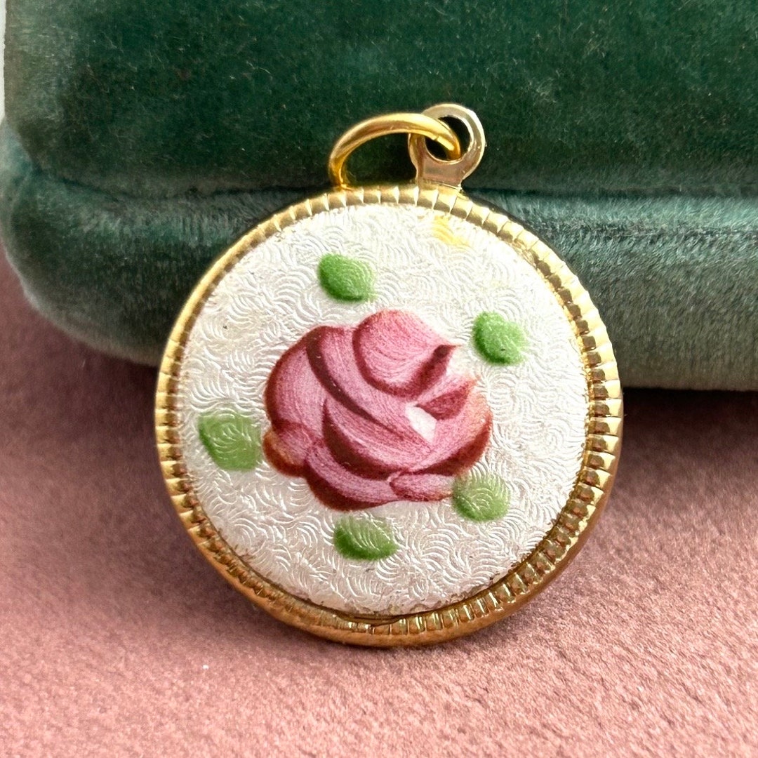 Vintage Charm, Vintage Pendant, Vintage Enamel Charm, Pink Rose Charm ...