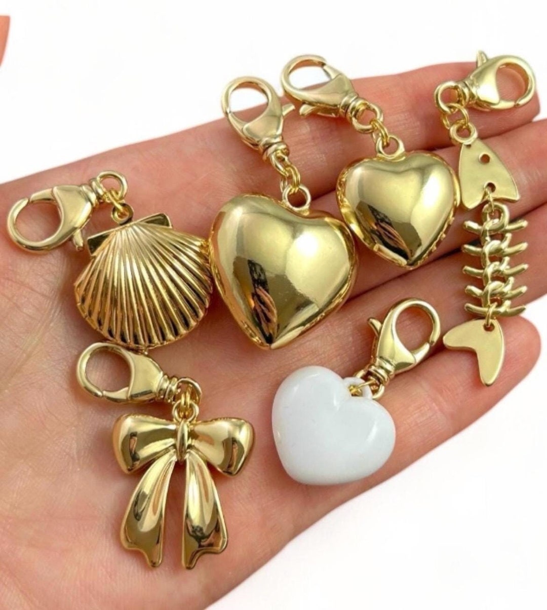 Clip on Charm Heart Pendant Gift for Her Gold Tone Metal Bow Charm ...