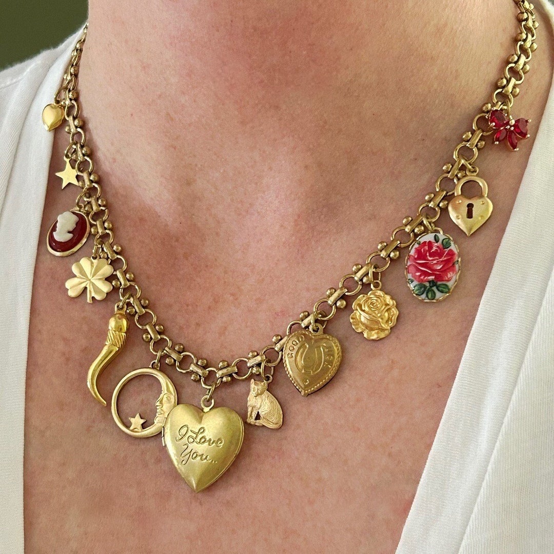 Charm Necklace Vintage Charms Locket Pendant Necklace Cameo Brass French Love Charms Necklaces ...
