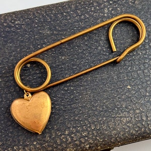 Large Safety Pin, Heart Charm Pin, Vintage Safety Pin, Kilt Pin, Vintage Brass Pin, Vintage ...
