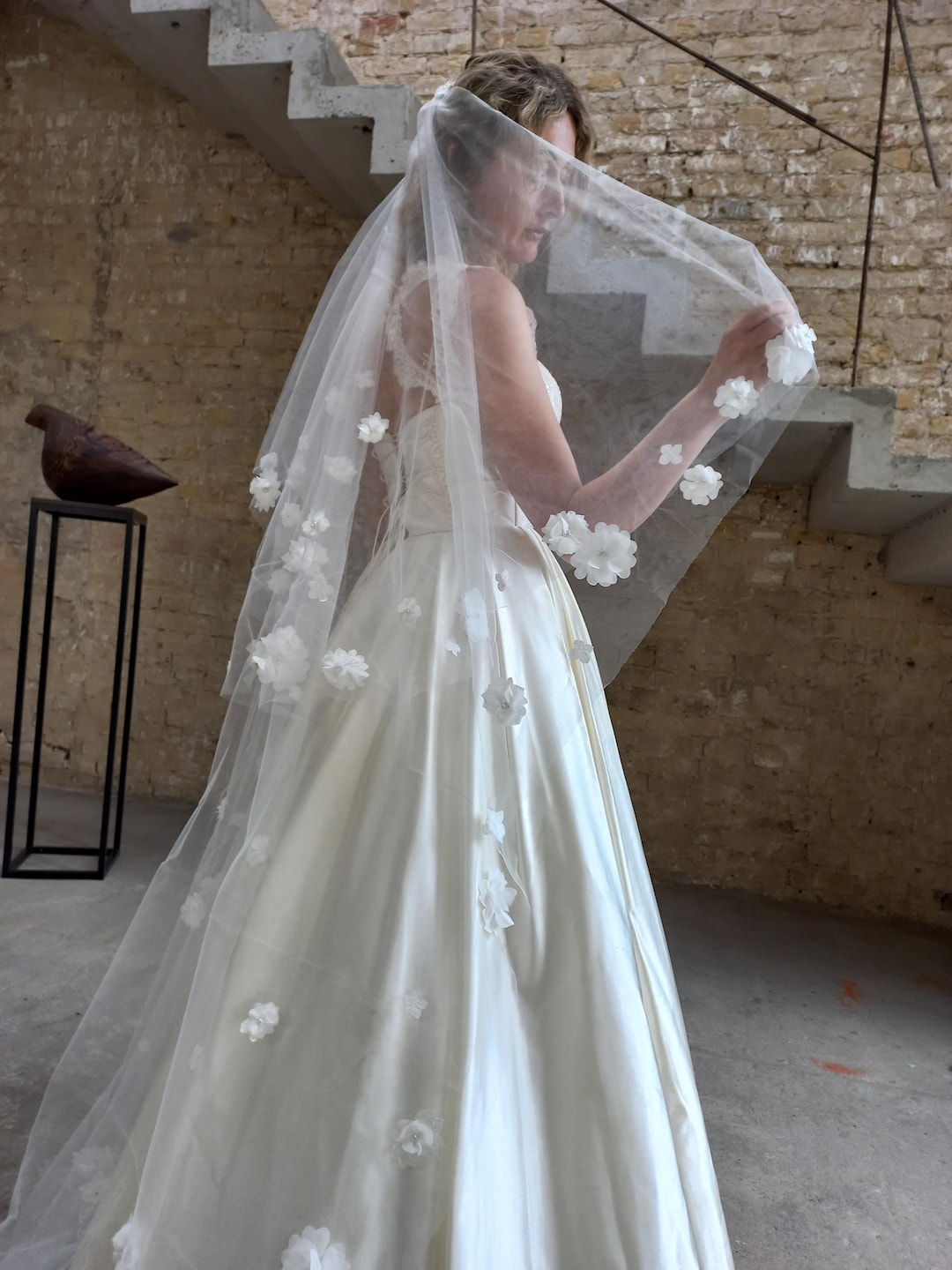 3D Floral Wedding Veil Blush Veil Bridal Veil With Flowers and Pearls ...