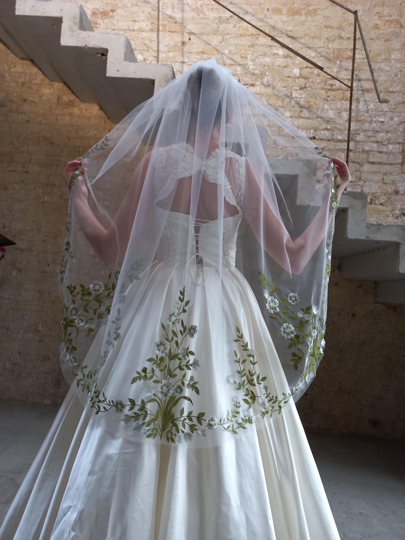 Luxury Colorful Floral Veil With Floral Embroidery Veil Bridal Green ...