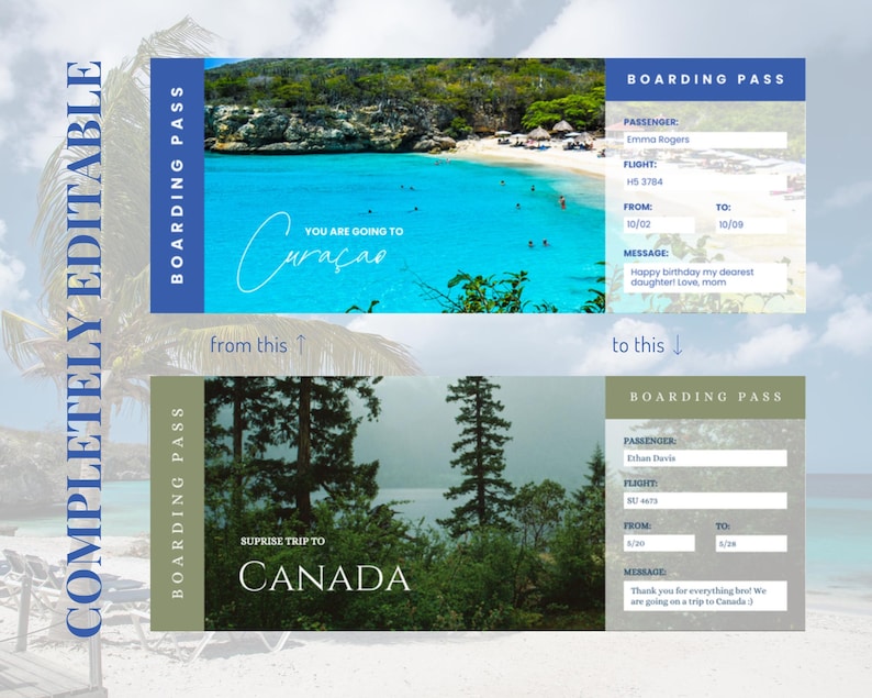 Surprise Trip Curaçao Boarding Passes | 8 Editable Plane Tickets ...
