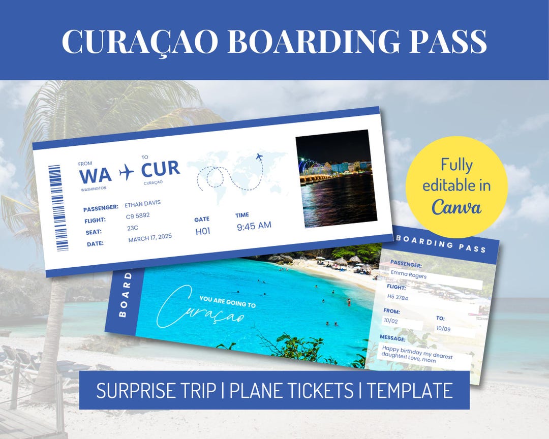 Surprise Trip Curaçao Boarding Passes | 8 Editable Plane Tickets ...