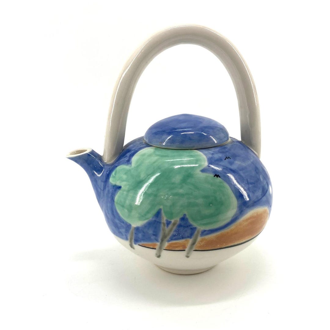 Huey Pottery Hand Painted Ceramic Teapot Trees Blue Green Earth Design ...