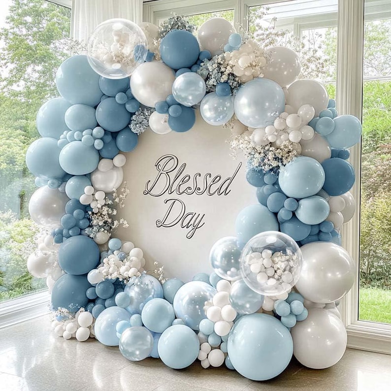 Dusty Blue and White Balloons Garland Double Stuffed Pearl Light Blue ...