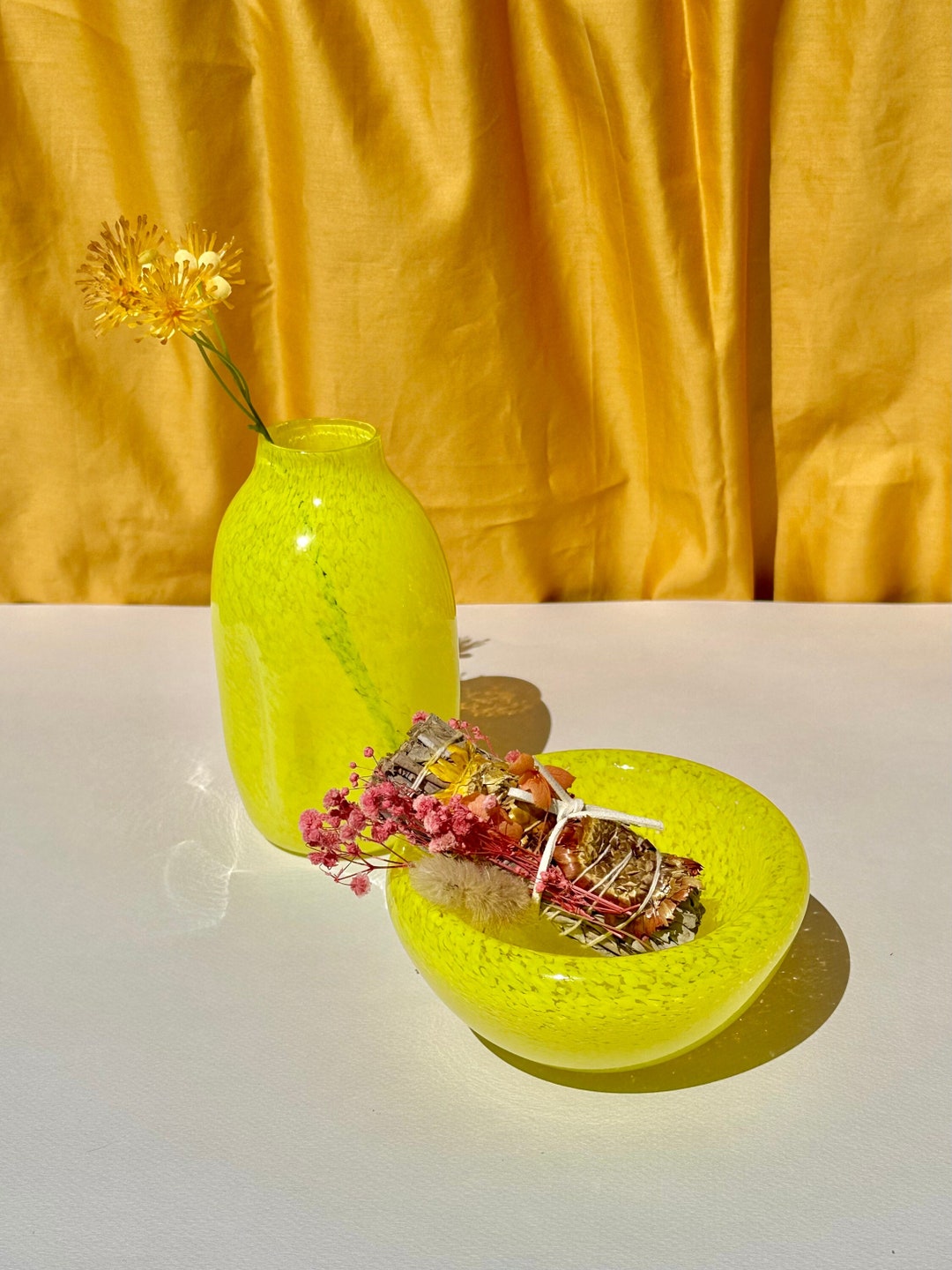 Glass Vase & Bowl Set | Handblown Neon Green Glass Gift Set - Etsy