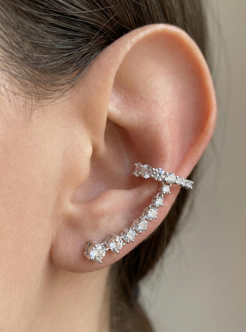925 Sterling Silver Ear Cuff With Chain and Zircon, No Piercing ...
