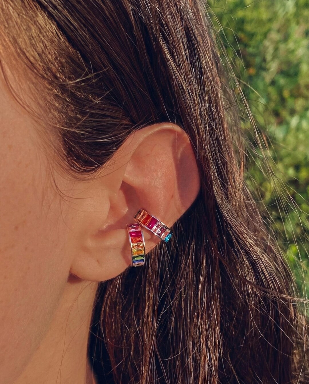 Rainbow Ear Cuff in Sterling Silver – Multicolor CZ Baguette Ear Cuff ...