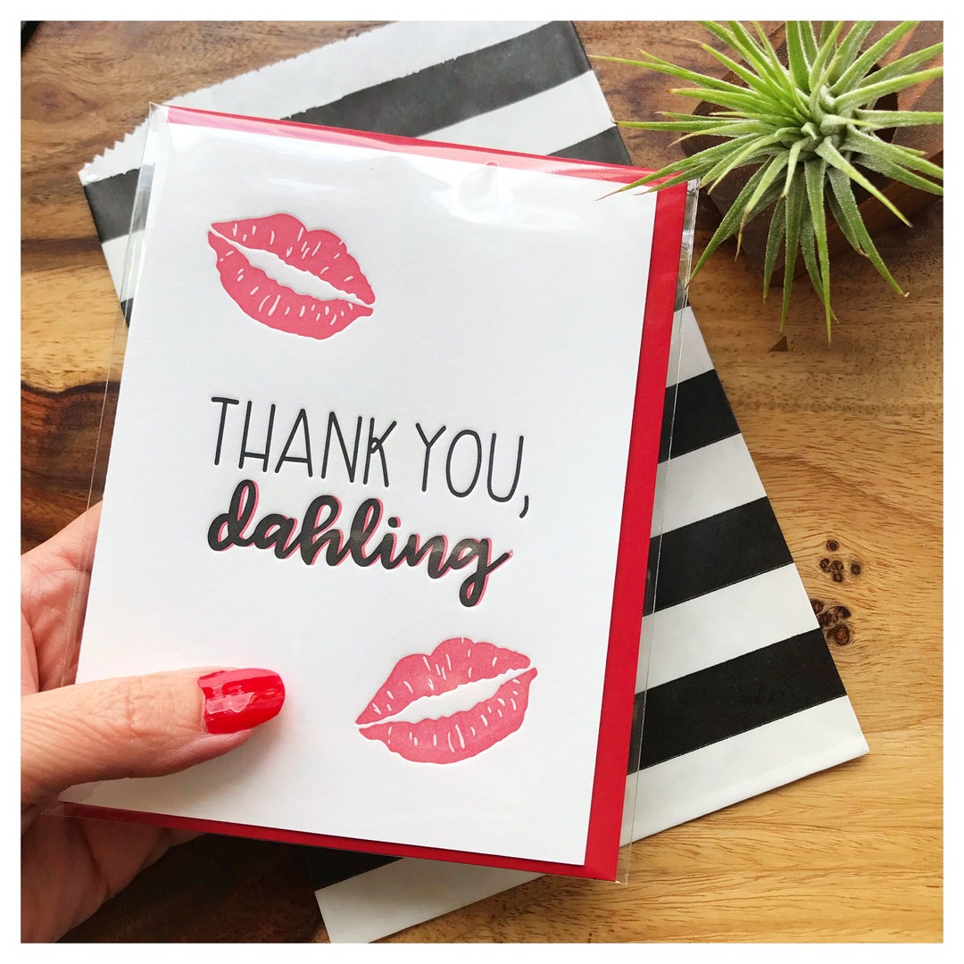 Thanks Letterpress Card Funny Thank You Card Thank You Dahling Red Lips ...