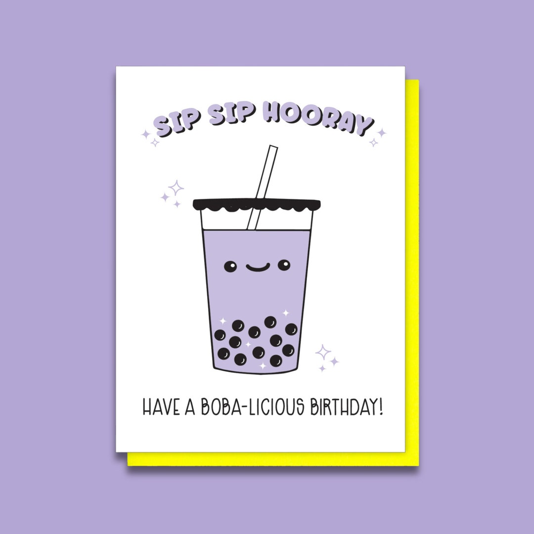 Funny Boba Birthday Letterpress Card - Sip Sip Hooray - Cute Taro ...