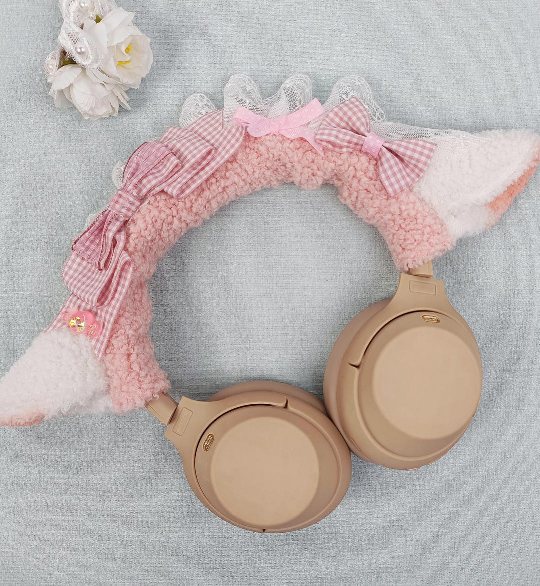 Pink Lamb Ears Headphone Cover, Lace Bow Headband, Plush Headset ...