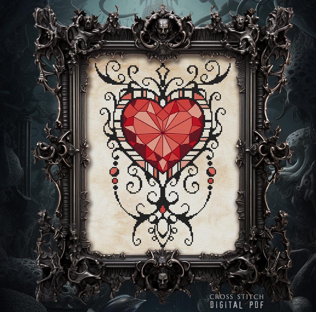 Red Heart Cross Stitch Pattern Emerald Heart Gothic Cross Stitch Chart ...