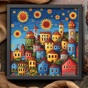 Village Cross Stitch Pattern PDF Whimsical Town Folk Art Colorful ...