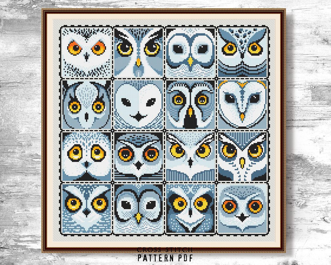 Owls Cross Stitch Pattern Owls Sampler Cross Stitch Blue Owls Patchwork ...