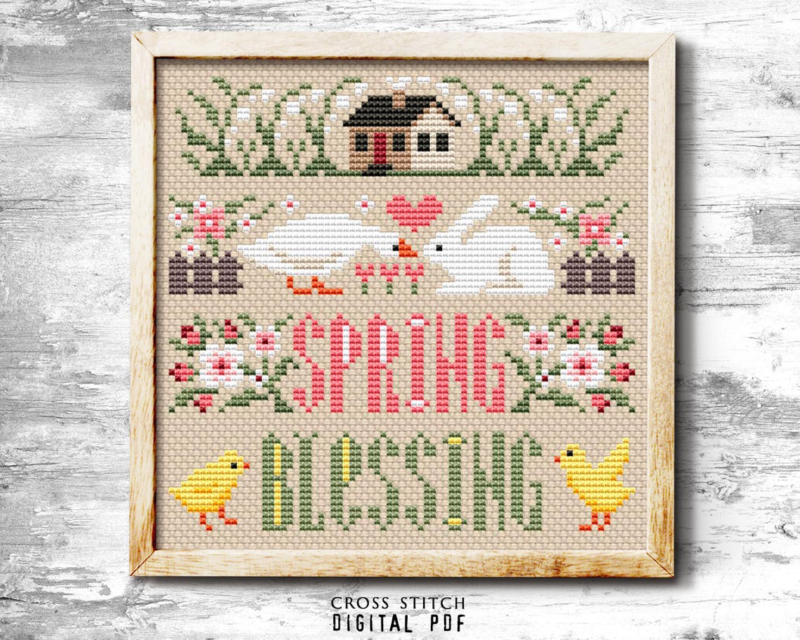 Spring Sampler Cross Stitch Chart Easter Cross Stitch Flower House Love ...