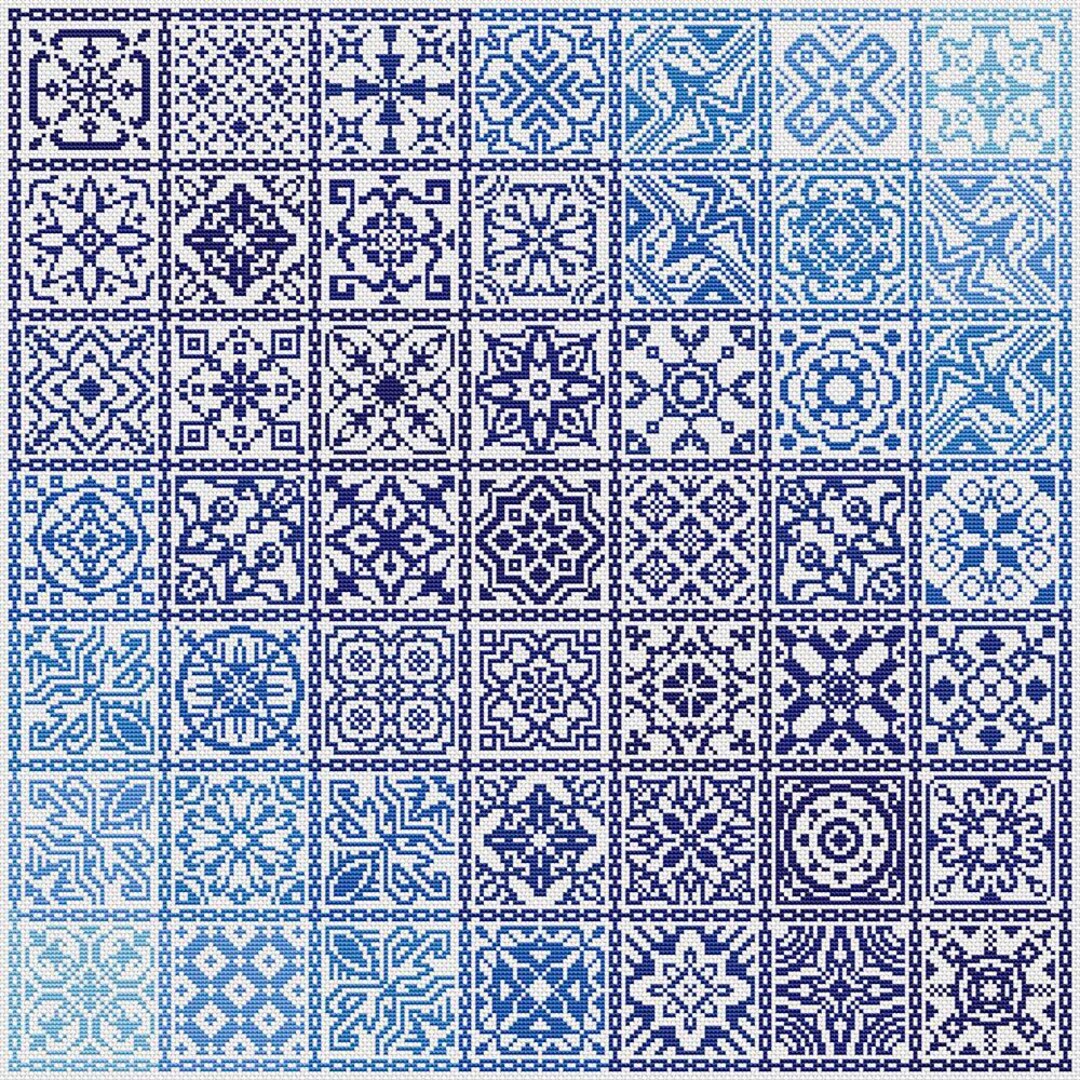 Cross Stitch Pattern Iridescent Blue Quaker Ornament Patchwork Sampler ...