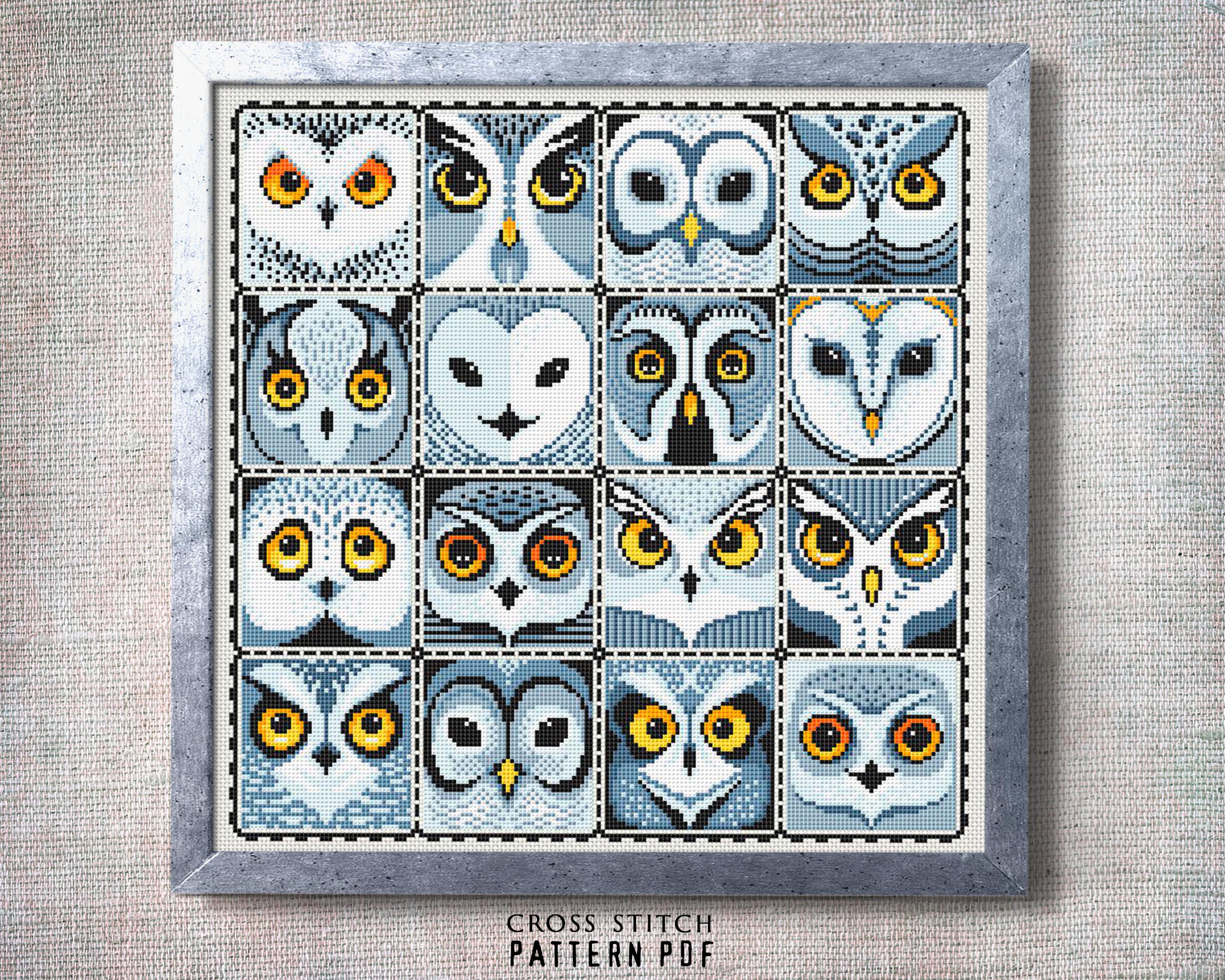 Owls Cross Stitch Pattern Owls Sampler Cross Stitch Blue Owls Patchwork ...
