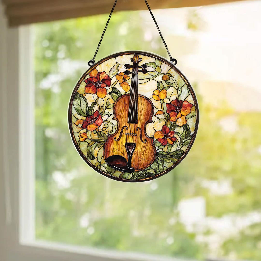 Violin Suncatcher, Floral Stained Glass Window Hanging, Acrylic Music ...