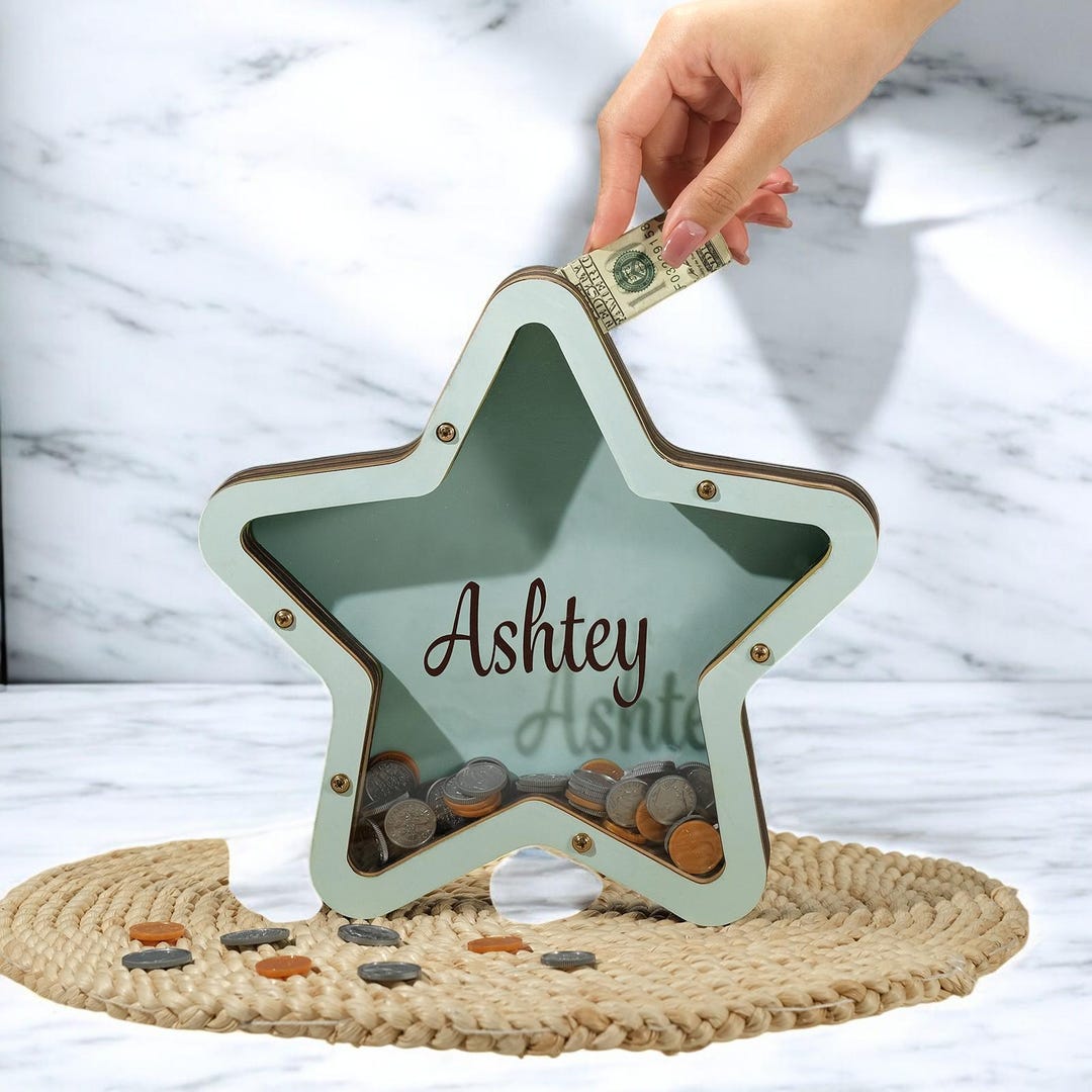 Custom Name Star Piggy Bank Personalized Wooden Money Box for Kids and ...