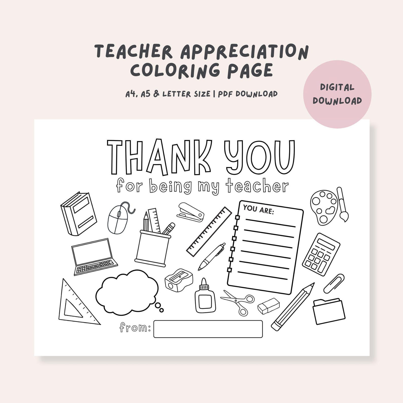 Printable Teacher Appreciation Kids Coloring Page | Digital Download ...