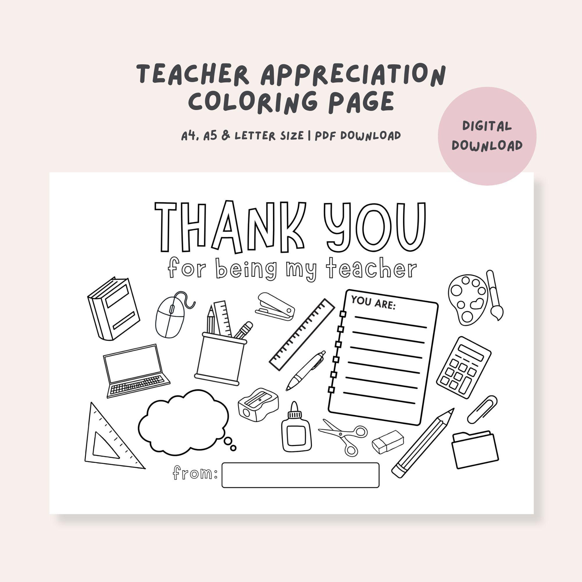 Printable Teacher Appreciation Kids Coloring Page | Digital Download ...