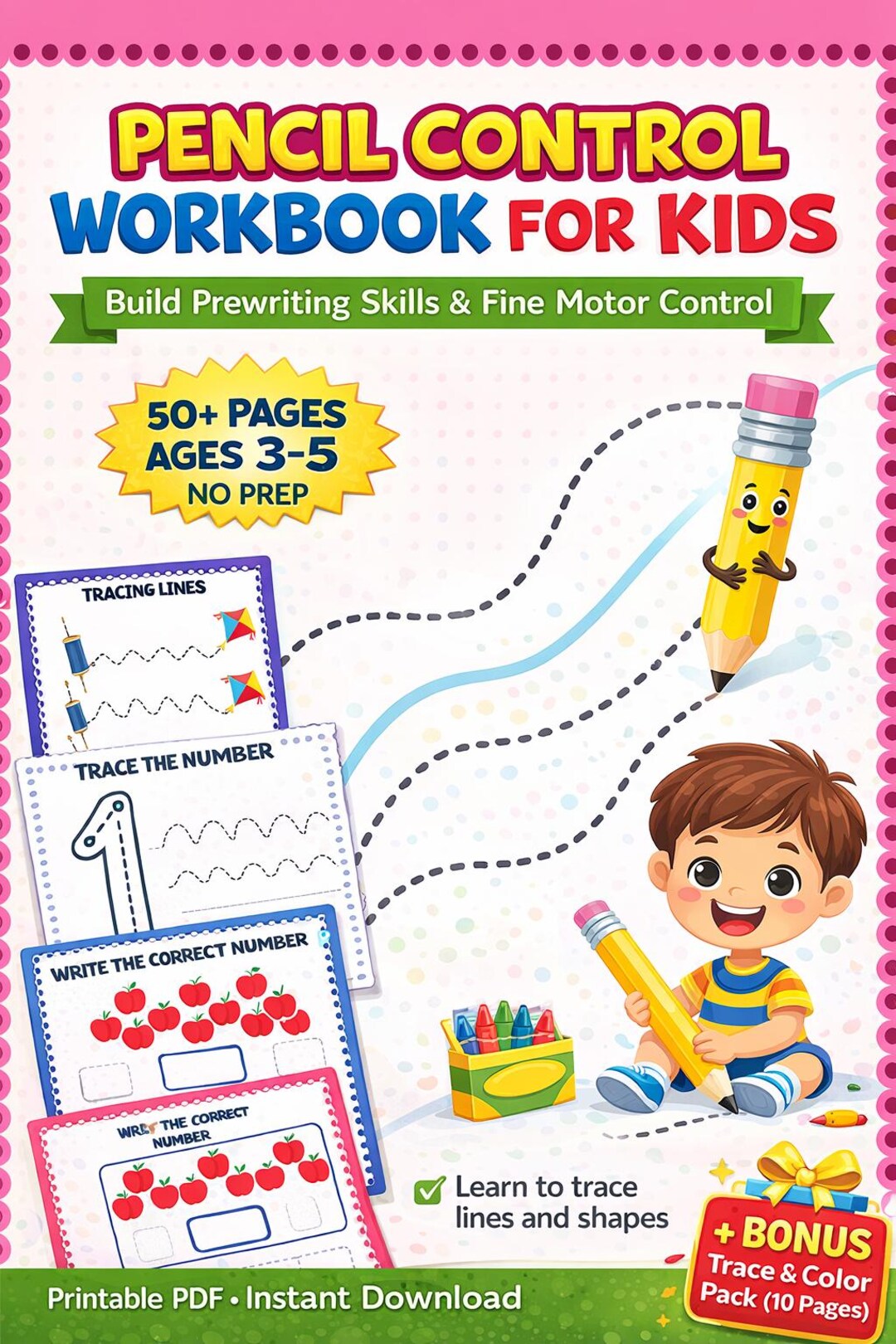 Prewriting Worksheets Printable | Pencil Control Workbook Kids Ages 3-5 ...
