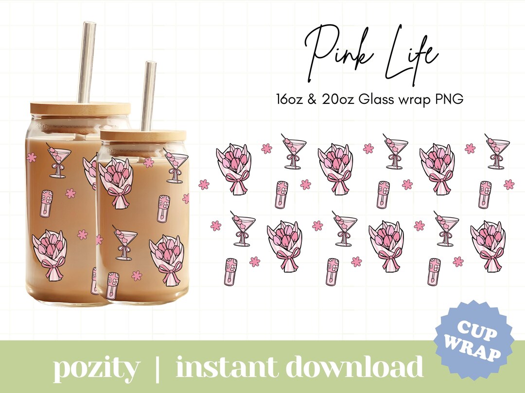Pink Floral Cup Wrap, 16oz & 20oz Glass Wrap, Kawai Drinkware, Cute ...