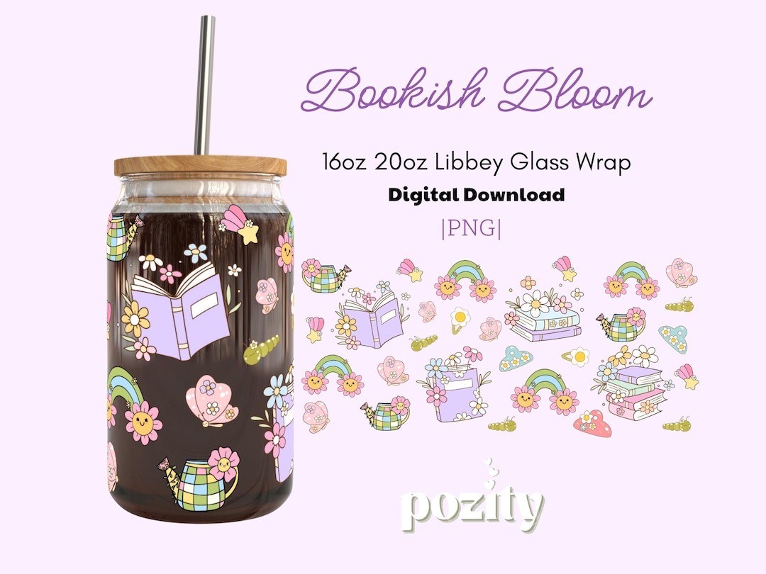 Bookish Bloom Libbey Glass Can Wrap Png, Bookish Glass Wrap, Cute ...