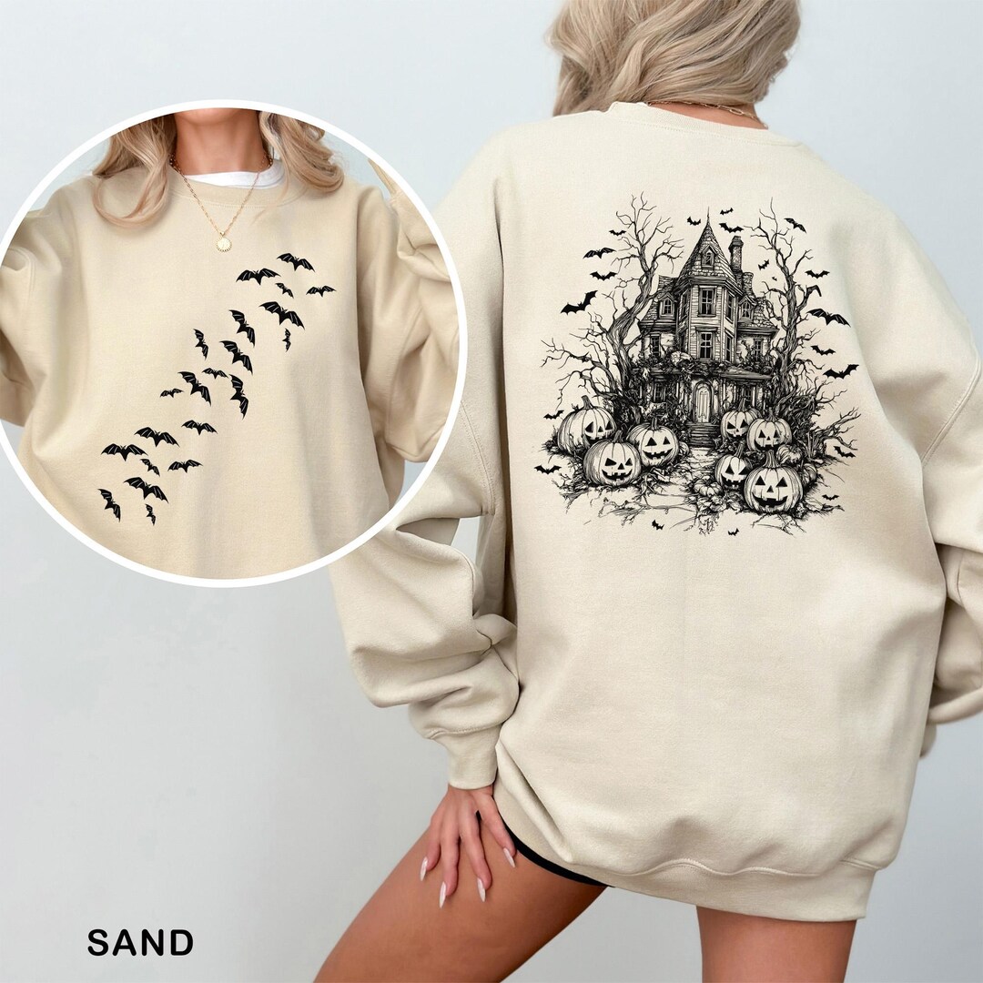 Halloween Haunted House Sweatshirt, Spooky Pumpkin and Bats Sweatshirt ...