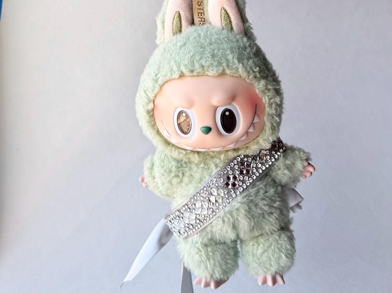 Labubu Silver Rhinestone Sash Shiny Gray Satin Ribbon With Clear Lucky ...