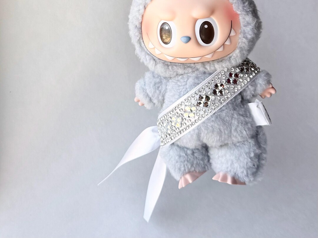 Labubu Fancy Sash White Satin Ribbon With Clear Lucky Clover Rhinestone ...