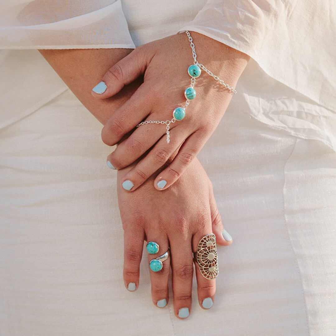 Skye Turquoise Hand Chain, Turquoise Bracelet Ring, Birthstone Gift for ...