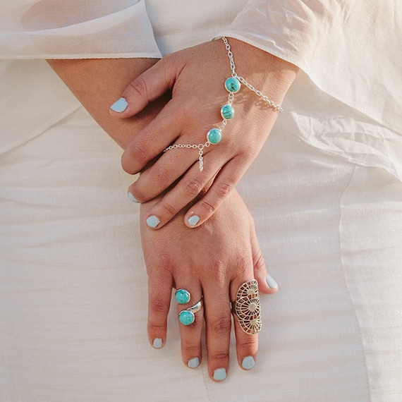 Skye Turquoise Hand Chain Turquoise Bracelet Ring Birthday | Etsy
