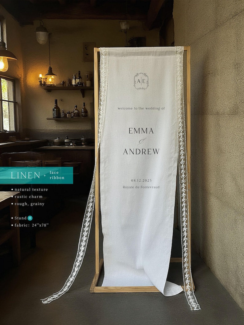 Linen Welcome Sign + Lace Ribbon, Rustic Monogram Wedding Fabric Sign ...