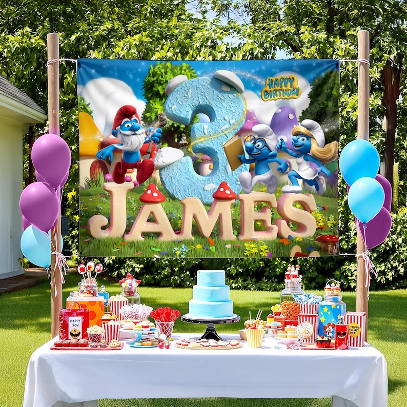 Custom Birthday Backdrop, Smurfs Birthday Banner, Smurfs Party ...