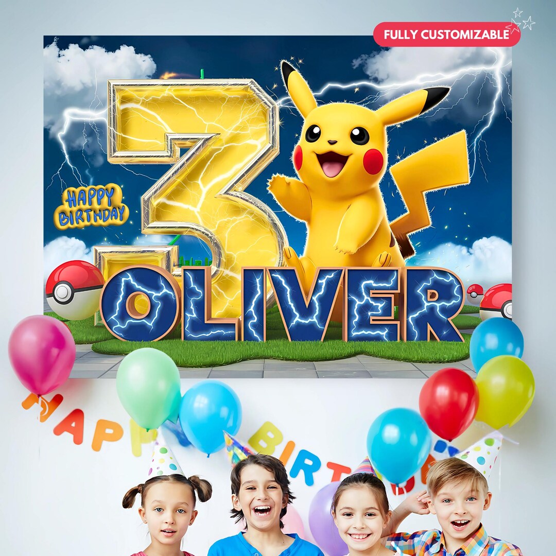 Personalized Pokemon Birthday Backdrop, Custom Pikachu Party Decor ...