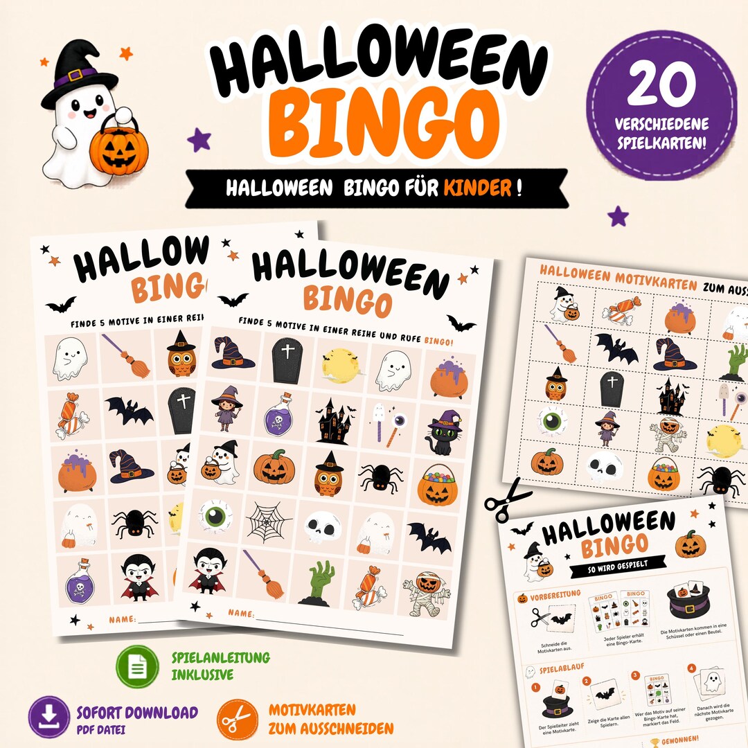 Halloween Bingo Kinder | Halloween Partyspiel | 20 verschiedene Bingo ...